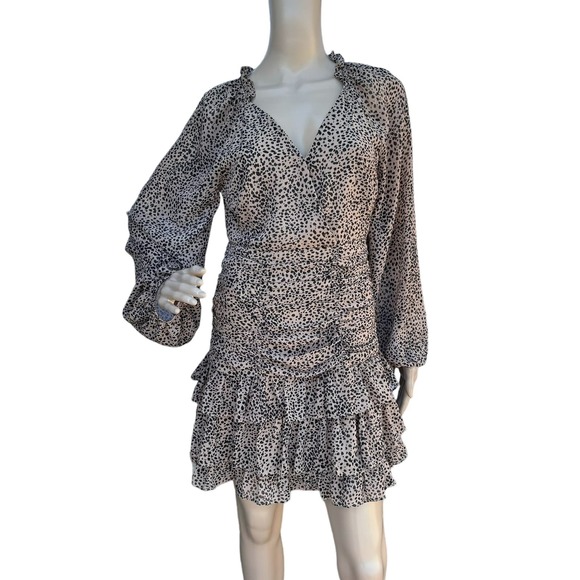 entro | Dresses | New Entro Tan Black Chiffon Ruffle Vneck Ruched ...